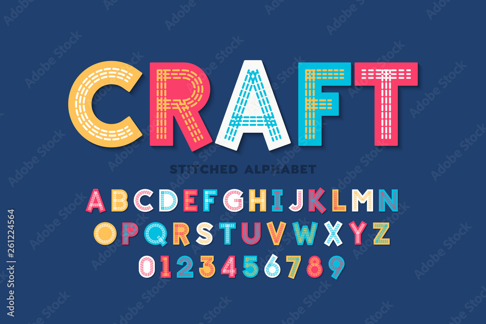 Stitched font, running stitch, alphabet letters and numbers Stock ...