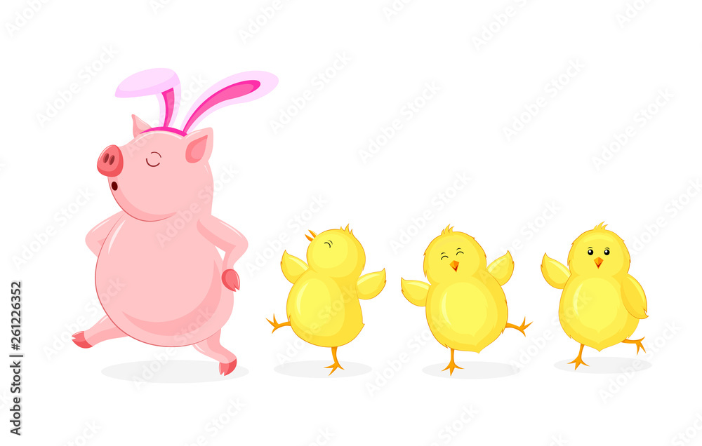 Cartoon pig with rabbit ear walking with little chicks. Cute Happy ...