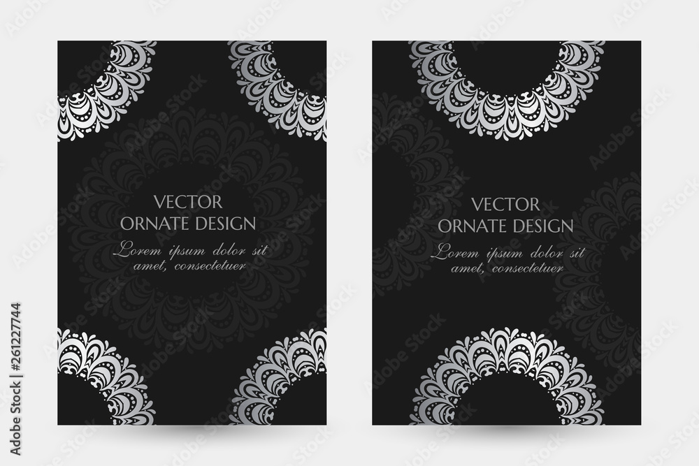 Silver circle decor. Luxury vertical posters with ornaments on the ...