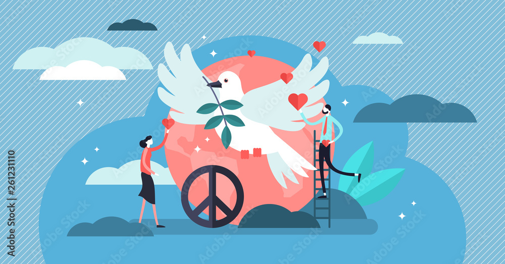 Peace vector illustration. Flat tiny love, calm and harmony persons ...