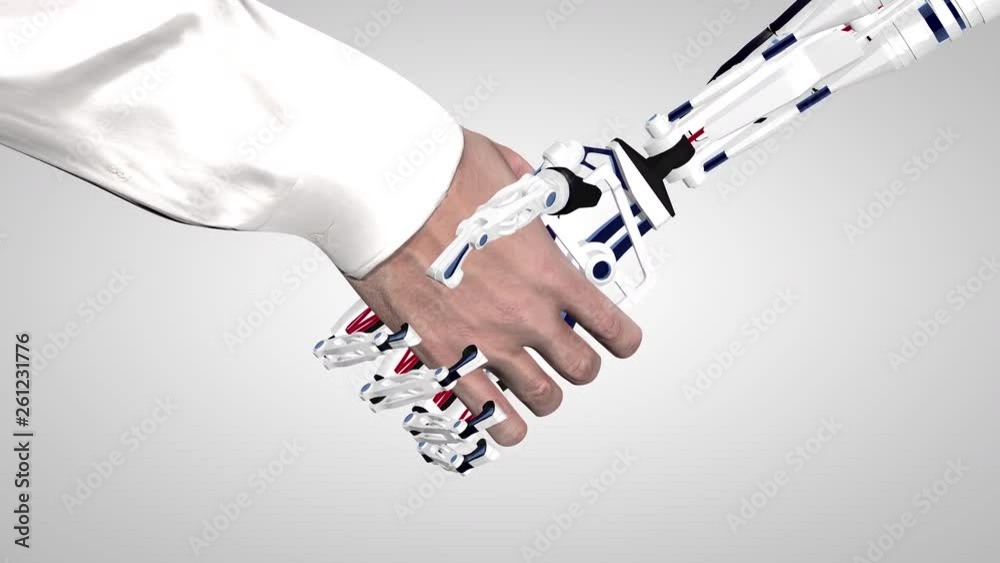 Businessman shaking hands with a robot with artificial intelligence ...
