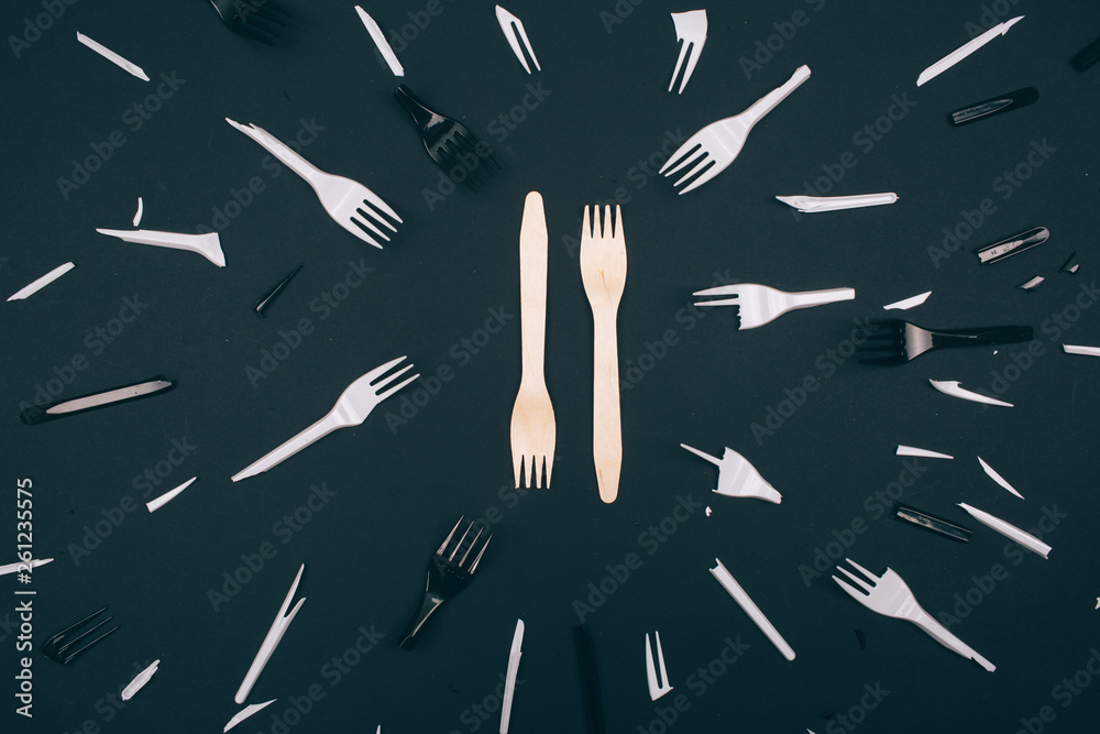 Plastic free. Zero waste concept. Eco-friendly unbroken forks in the ...