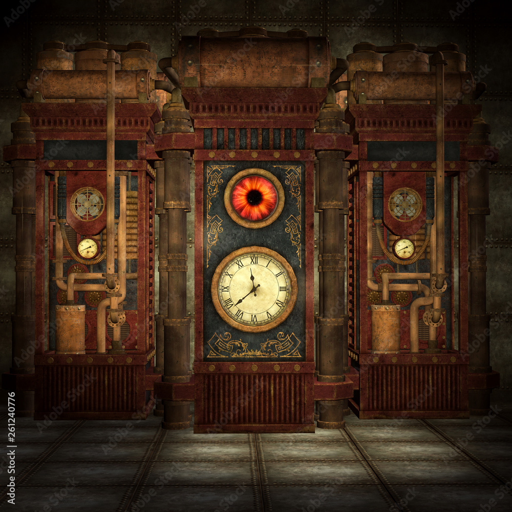 Steampunk machine room with copper pipes and rusty ducts – 3D ...