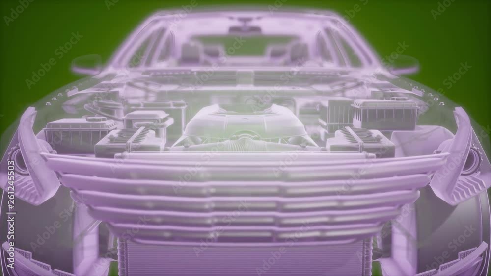 Holographic animation of 3D wireframe car model with engine and otter ...