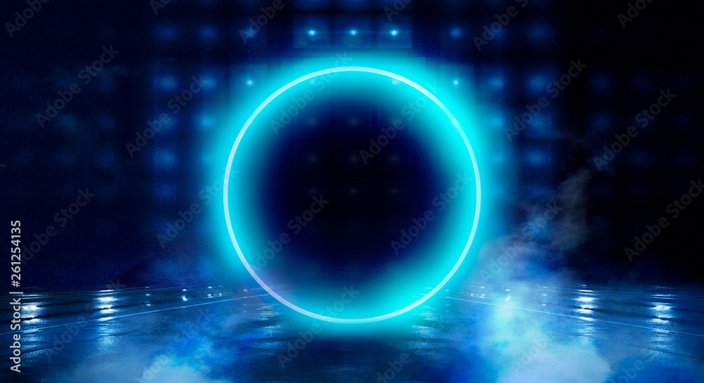 Neon circle, neon lights. Neon circle with spotlights. Abstract light ...