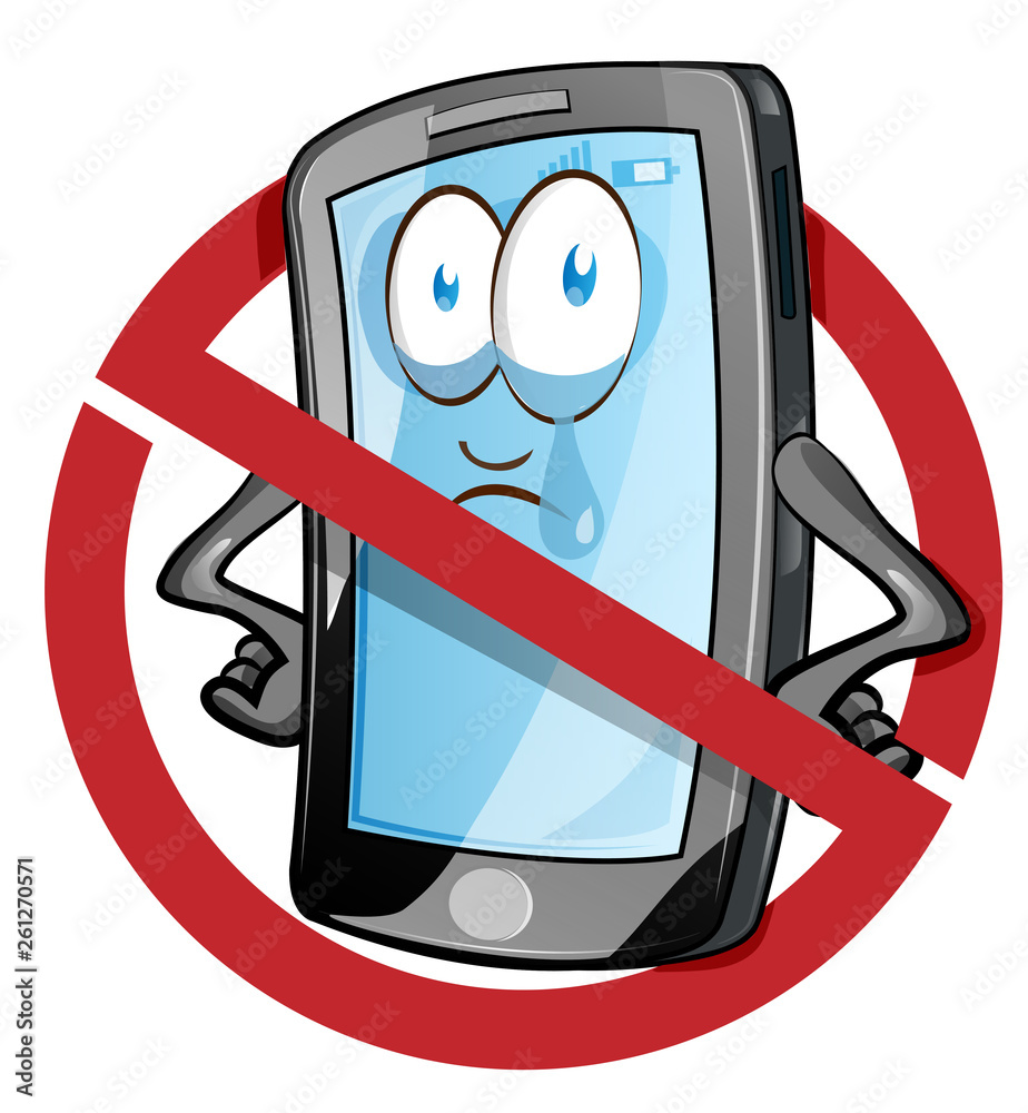 Mobile cell phone in cartoon vector style inside red banned icon. Clip ...
