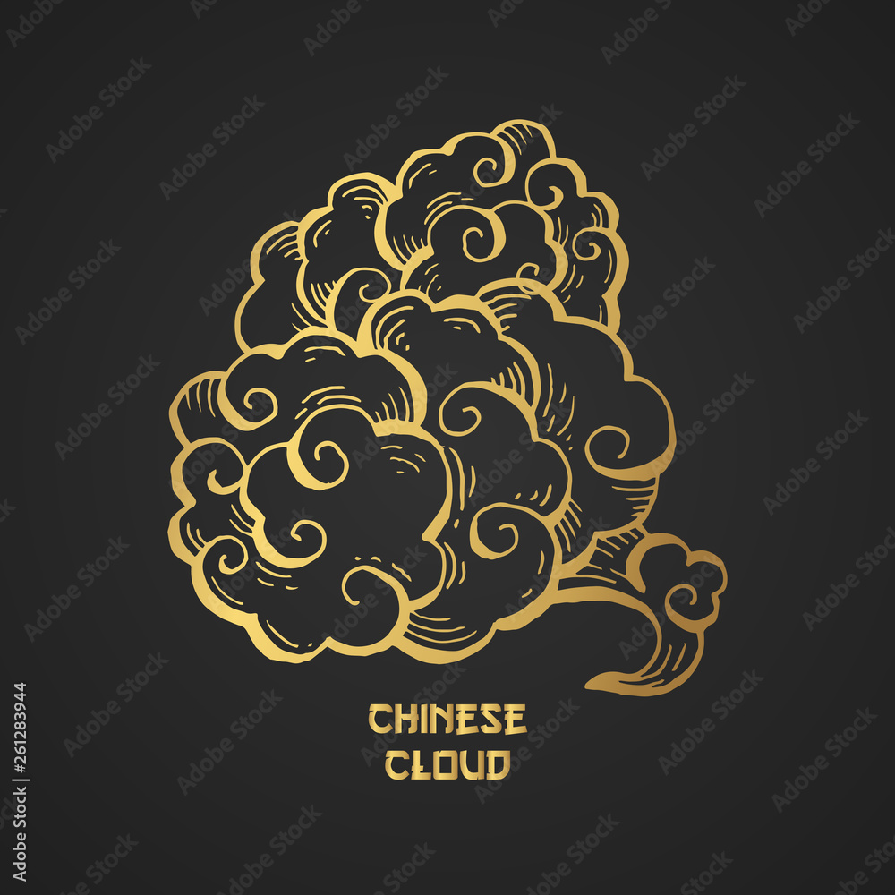 Golden Chinese Clouds hand drawn vector illustration. Overcloud Outline ...