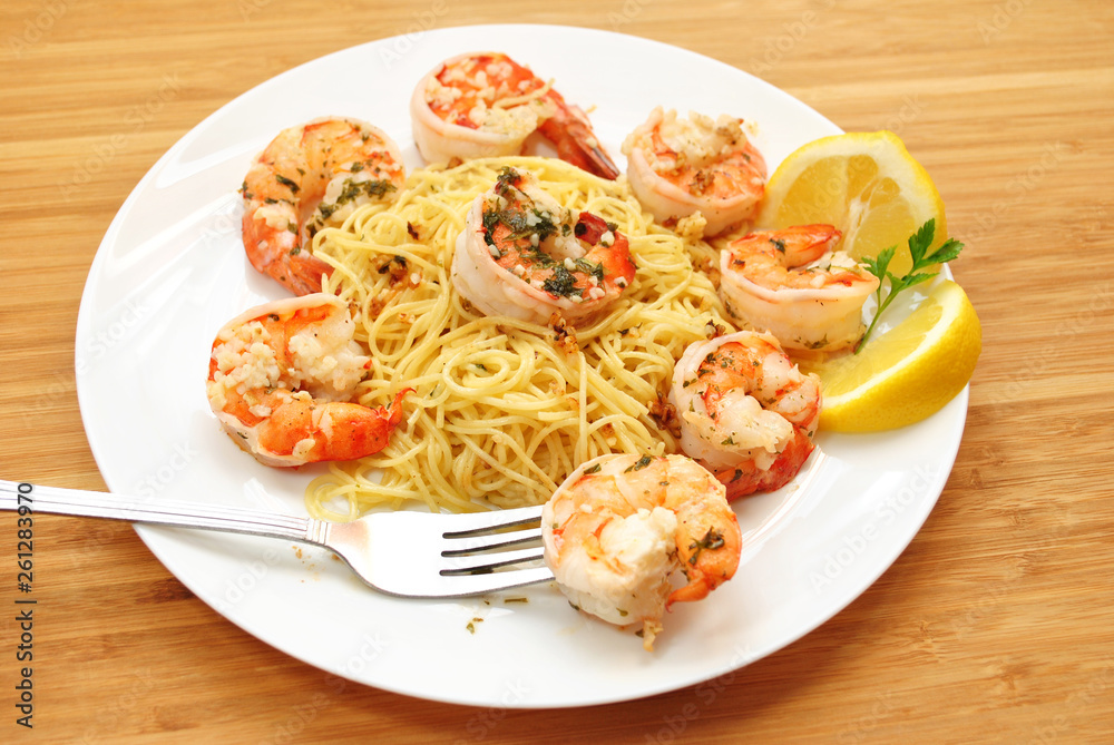 Jumbo Tiger Shrimp Scampi & Pasta Stock Photo | Adobe Stock
