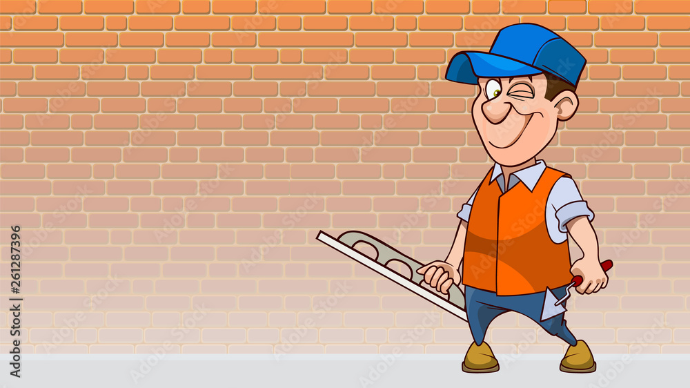 cartoon winking man in with tools for plaster wall Stock Vector | Adobe ...