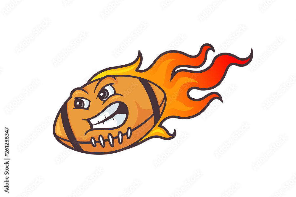 Angry football ball mascot face burning on fire flames vector cartoon ...