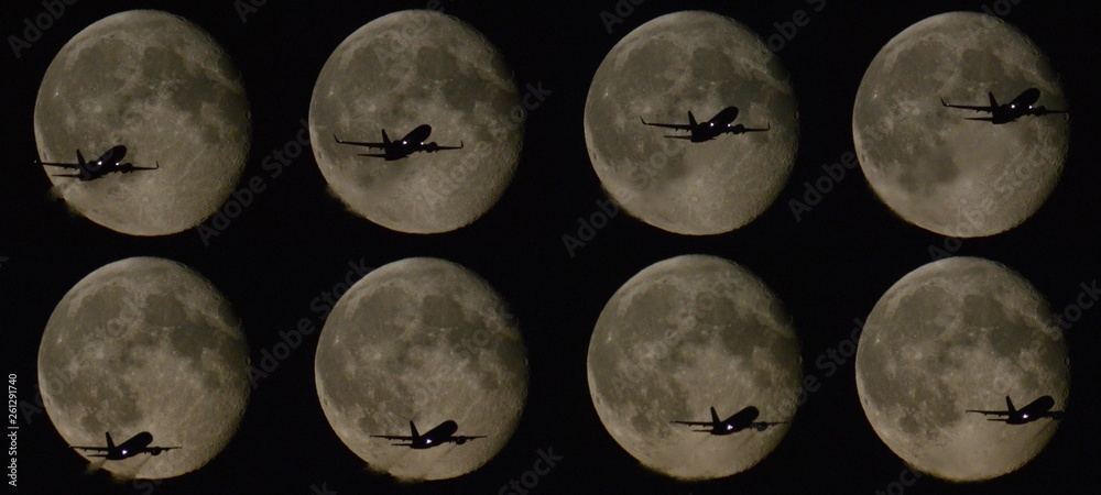 Silhouette of airplanes flying in front of the moon, full moon night ...