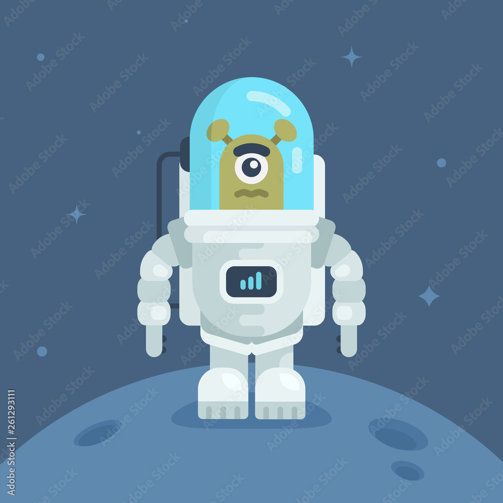 Isolated vector illustration of alien on the Moon. The alien in a ...