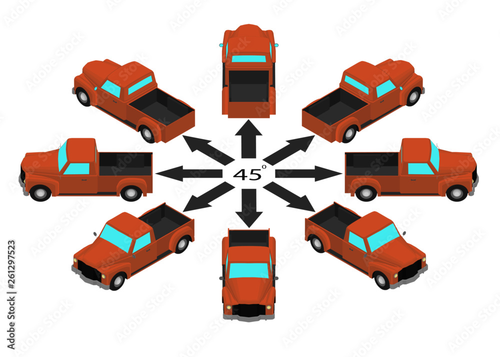 Rotation of the retro pickup truck by 45 degrees. Orange pickup in ...