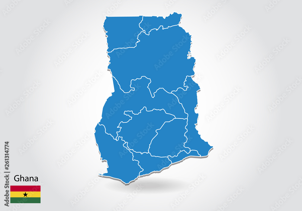 ghana map design with 3D style. Blue ghana map and National flag ...