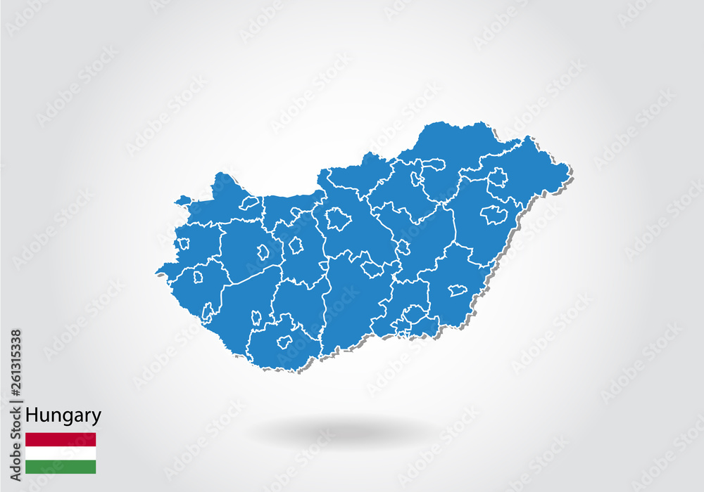 hungary map design with 3D style. Blue hungary map and National flag ...