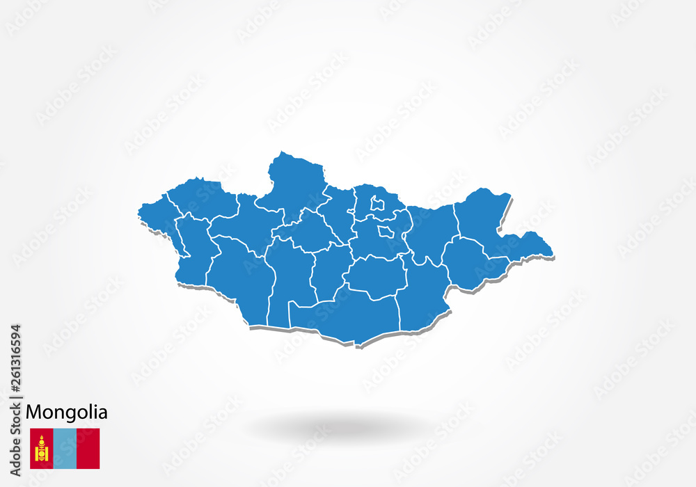 Mongolia map design with 3D style. Blue Mongolia map and National flag ...