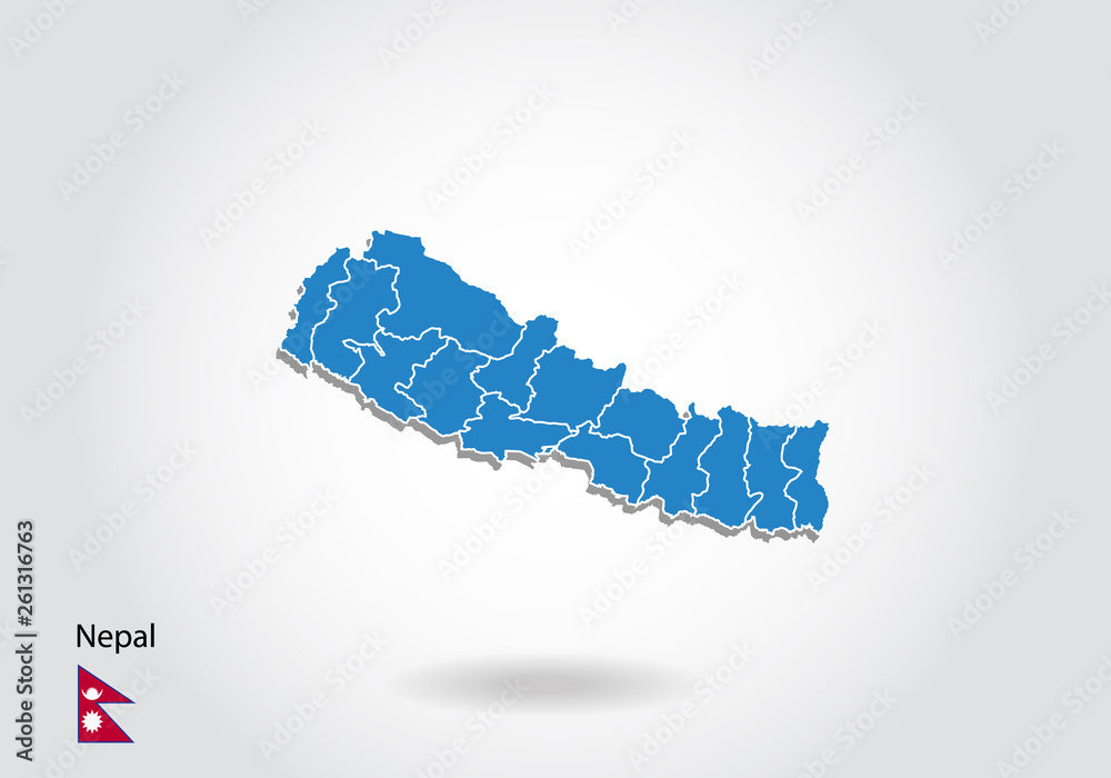 nepal map design with 3D style. Blue nepal map and National flag ...