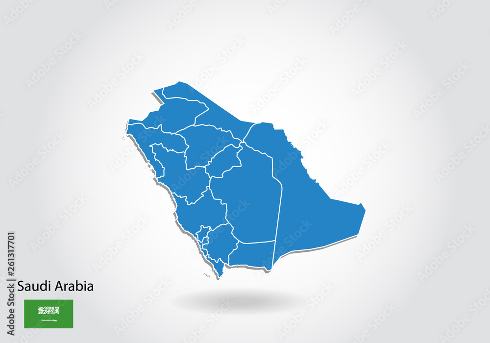 Saudi Arabia map design with 3D style. Blue Saudi Arabia map and ...