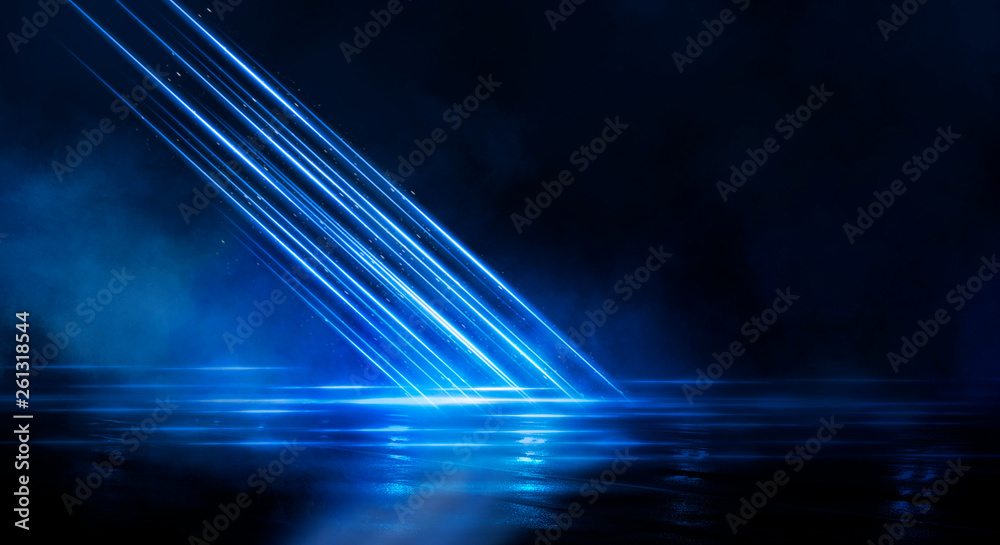 Dark empty scene, blue neon searchlight light, wet asphalt, smoke ...