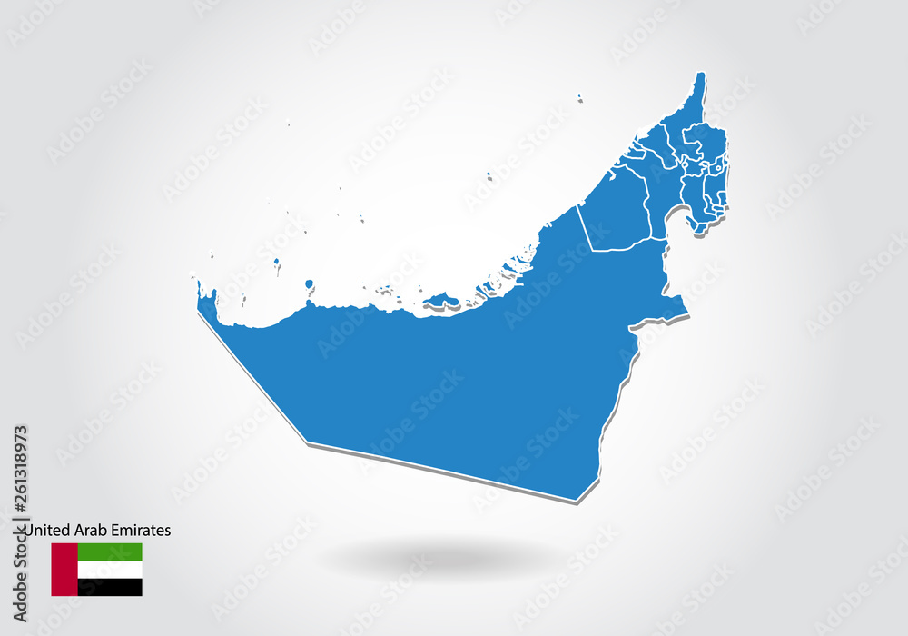 United Arab Emirates map design with 3D style. Blue UAE map and ...