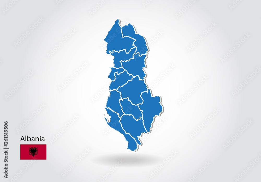 albania map design with 3D style. Blue albania map and National flag ...