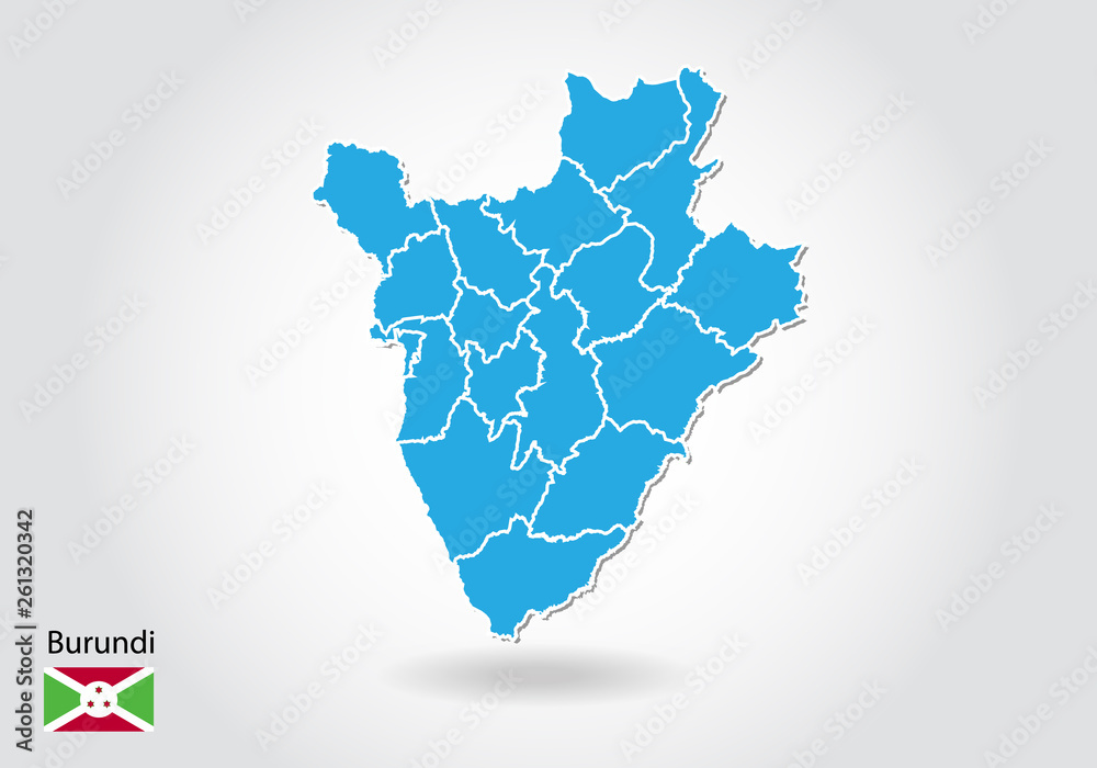 burundi map design with 3D style. Blue burundi map and National flag ...
