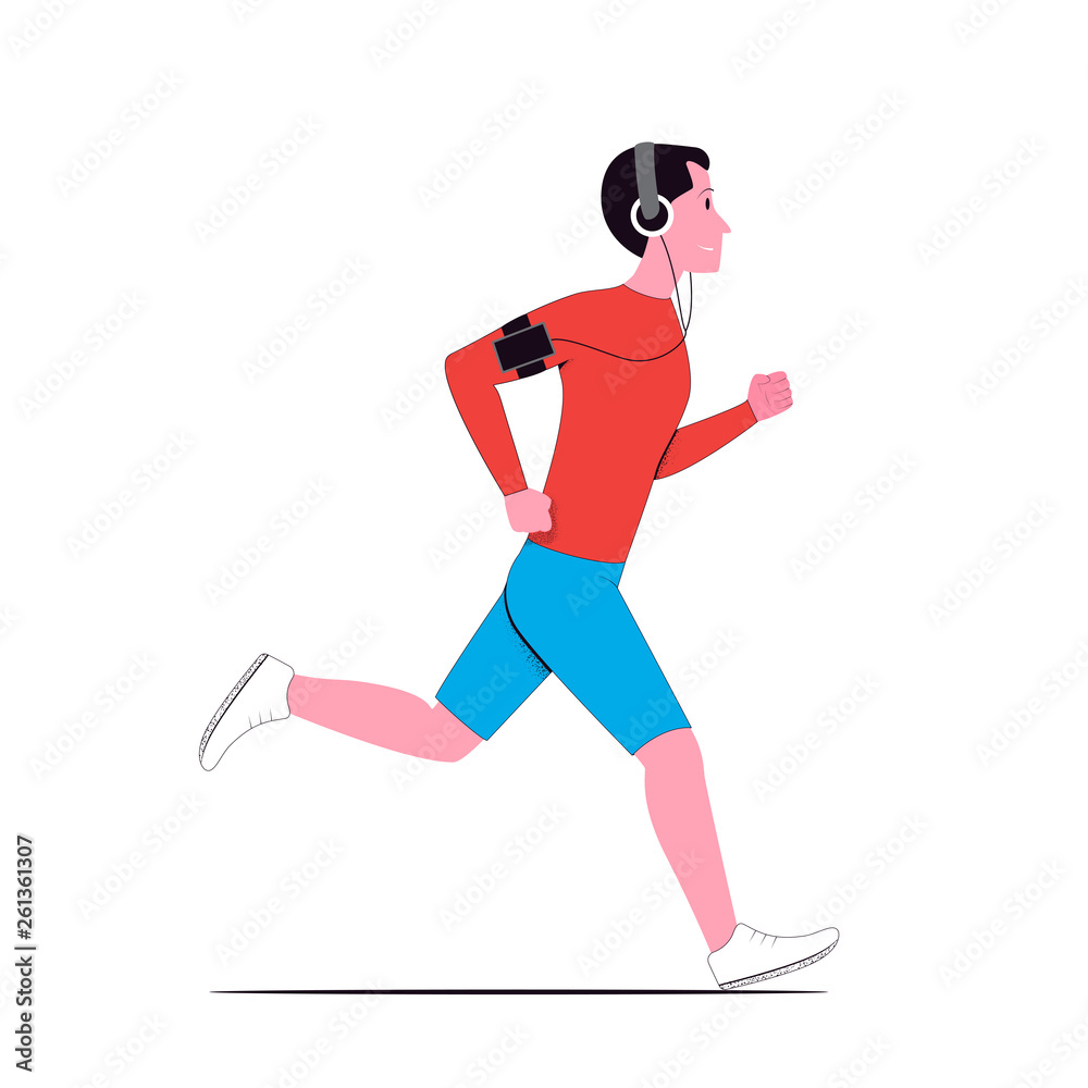 Running man. Jogging with a smartphone. Vector illustration in flat ...