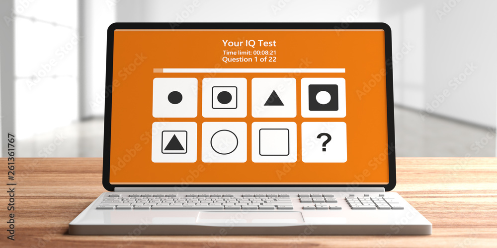 IQ test form on computer laptop screen, blur empty room background. 3d ...
