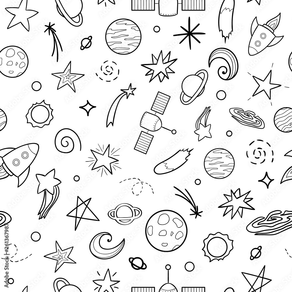 Vector seamless pattern of space objects. Black and white repeat ...