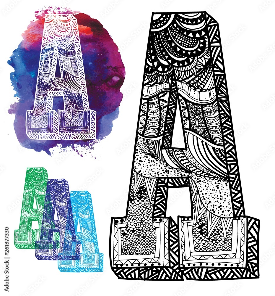 Letter A. Doodling drawing, mandala. Alphabet in the style of doodling ...