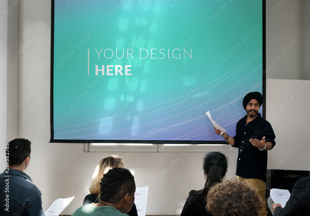 Medium-Sized Projection Screen in Meeting Mockup Stock Template | Adobe ...