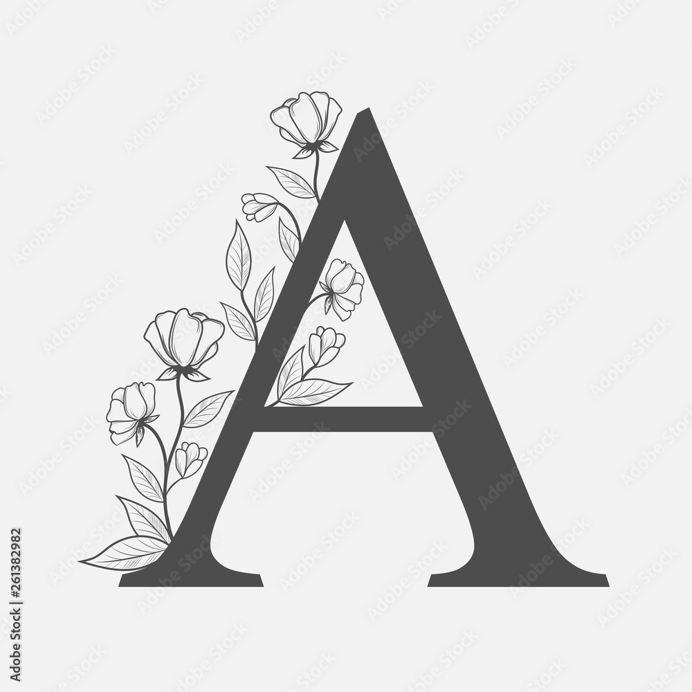 Uppercase Letter A with flowers and branches. Vector flowered monogram ...