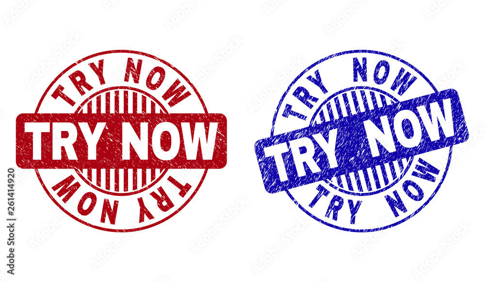 Grunge TRY NOW round stamp seals isolated on a white background. Round ...
