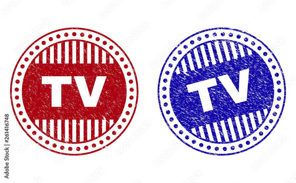 Grunge TV round stamp seals isolated on a white background. Round seals ...