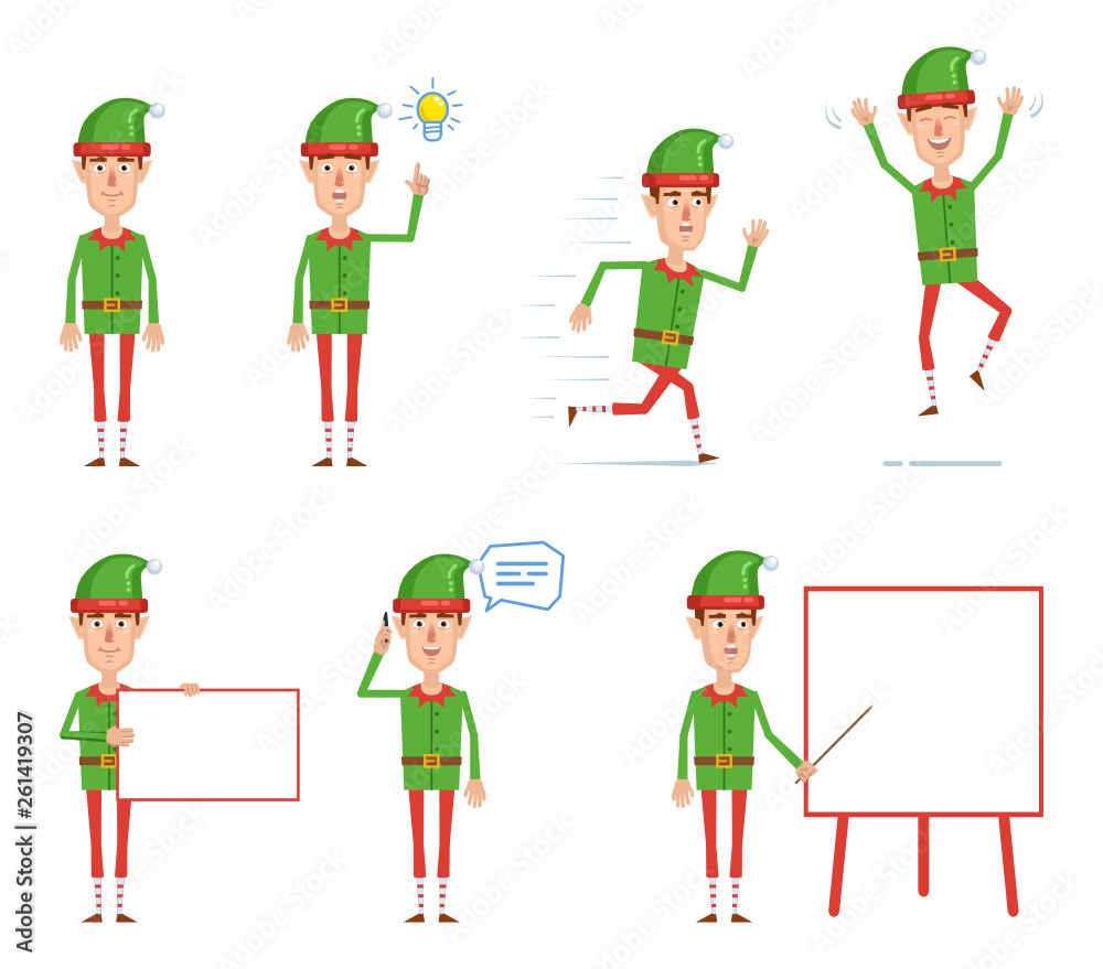 Set of Christmas elf characters posing in different situations ...