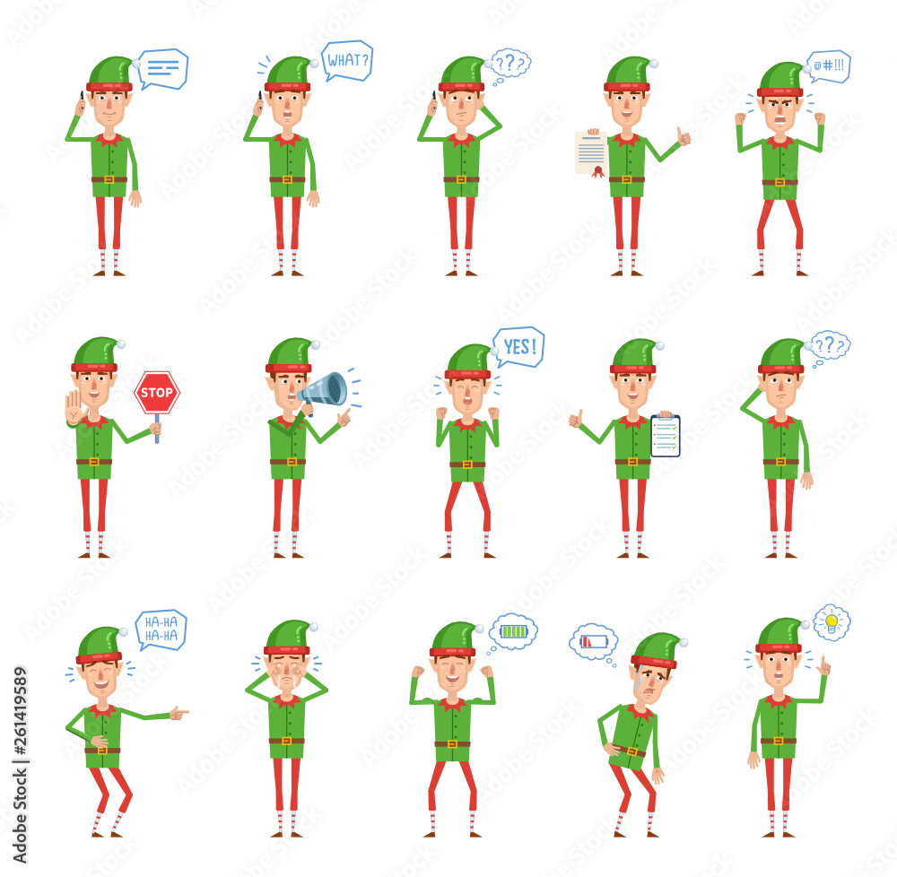 Big set of Christmas elf characters showing different actions. Cheerful ...