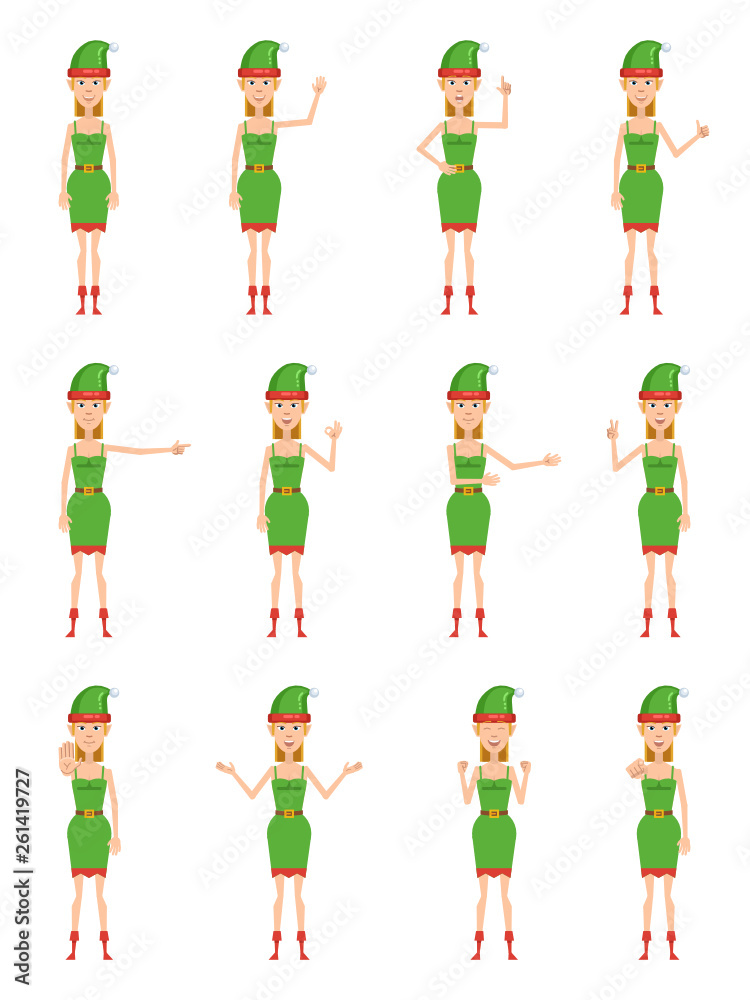 Set of female Christmas elf characters showing different hand gestures ...