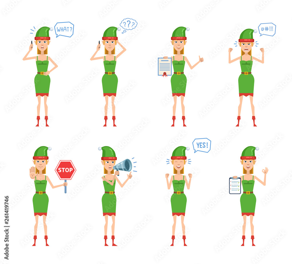 Set of female Christmas elf characters posing in different situations ...