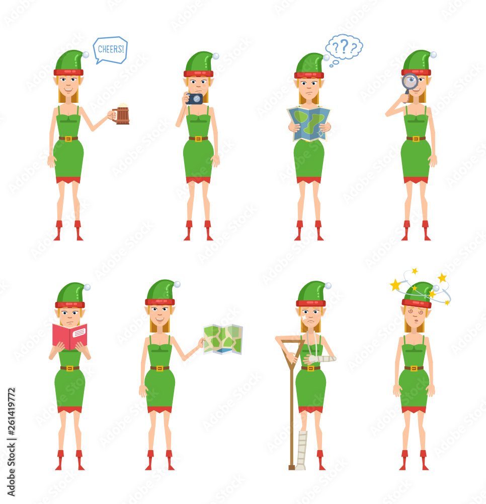 Set of female Christmas elf characters posing in different situations ...