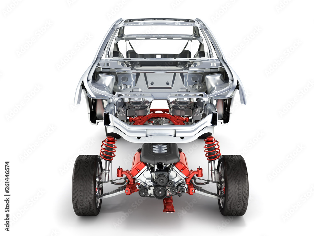 Body and suspension of the car with wheel and engine Undercarriage with ...