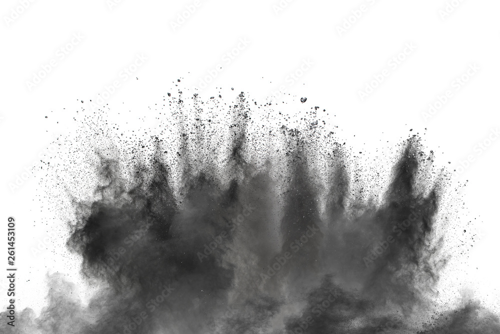 Black powder explosion against white background. Charcoal dust ...