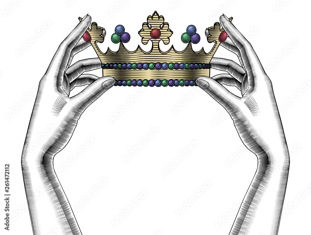 Female hands holding a gold crown. Vintage engraving stylized drawing ...