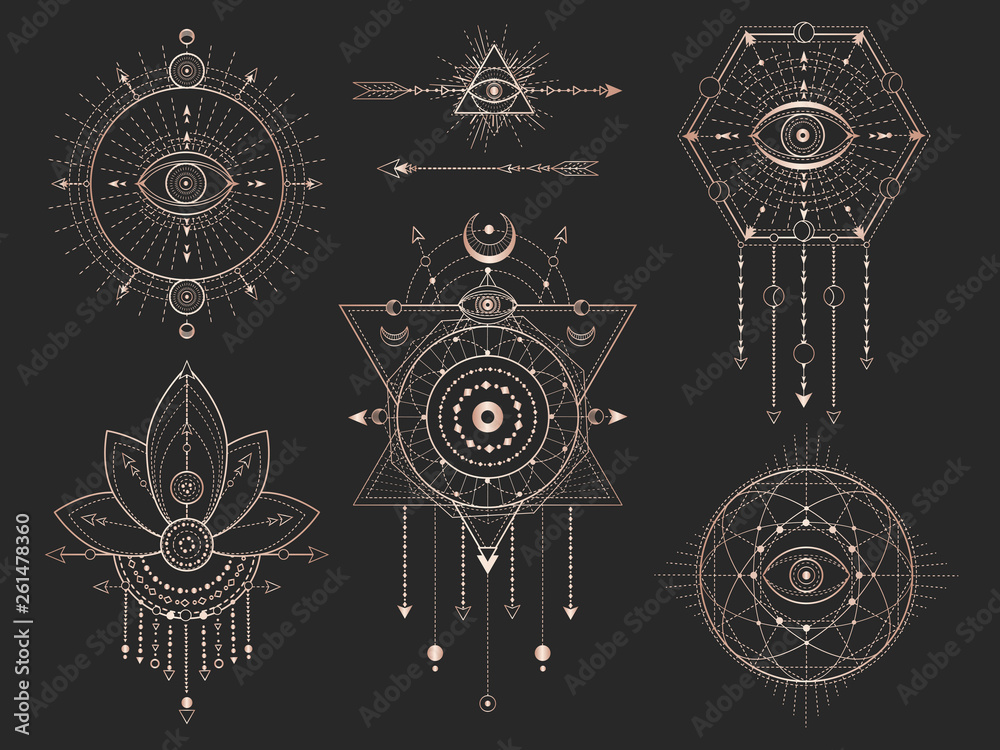 Vector set of Sacred geometric symbols and figures on black background ...