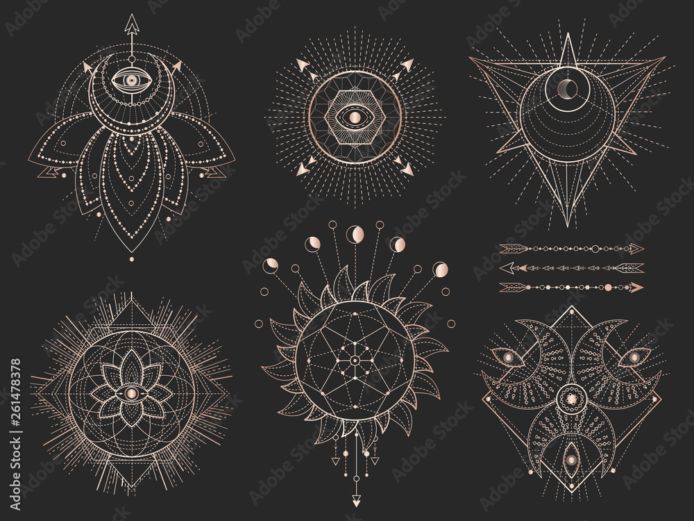 Vector set of Sacred geometric symbols and figures on black background ...