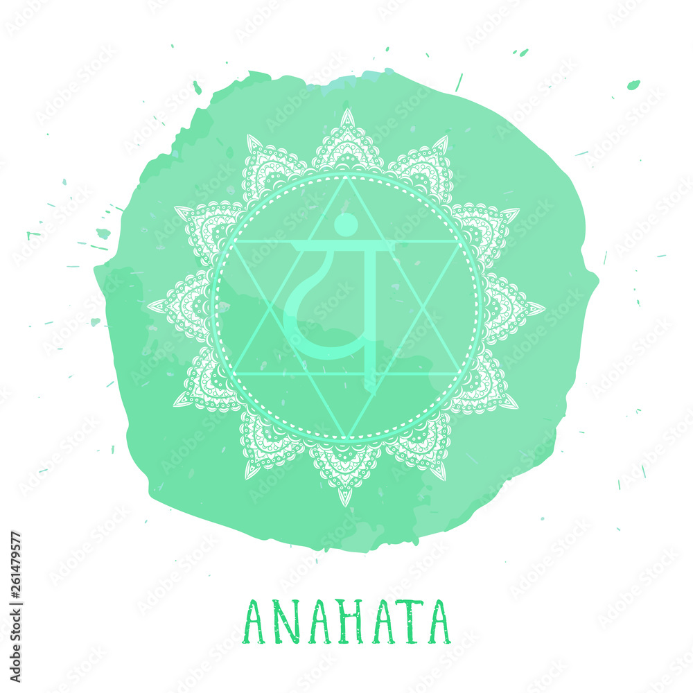 Vector illustration with symbol Anahata - Heart chakra and watercolor ...