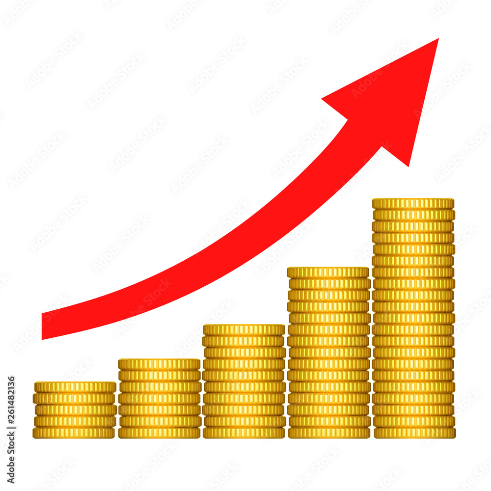Stacks of golden coins with red arrow up symbol. Diagram of revenue ...