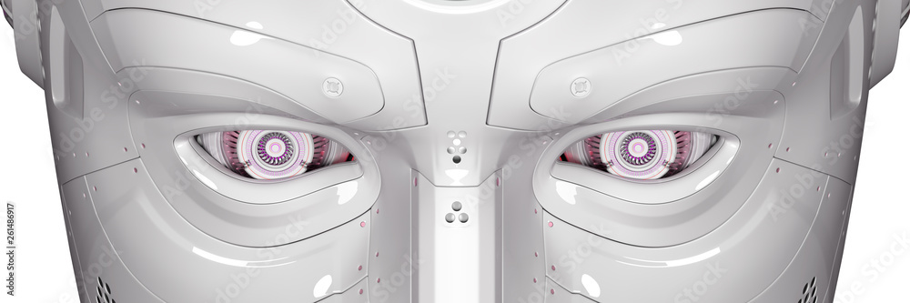 very detailed futuristic robot eyes closeup view on white background ...