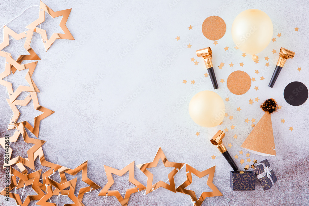 Party, carnival, festival and birthday gold background with balloon ...