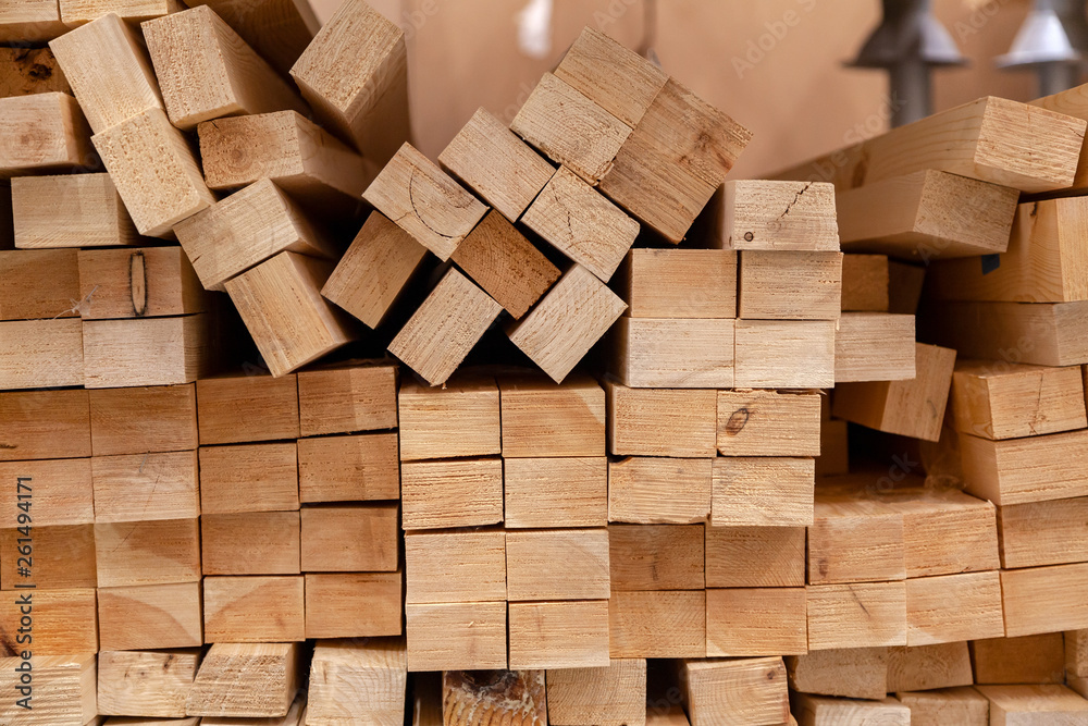 Wall of wooden beams, texture close-up. Close up photo of stack wood ...