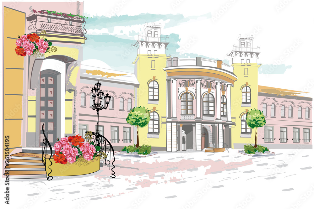 Series of backgrounds decorated with flowers, old town views and street ...
